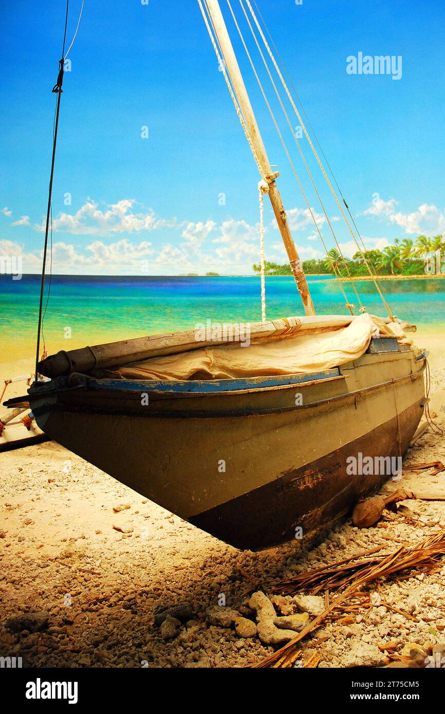 A traditional Polynesian boat is on display at a museum in a South ...