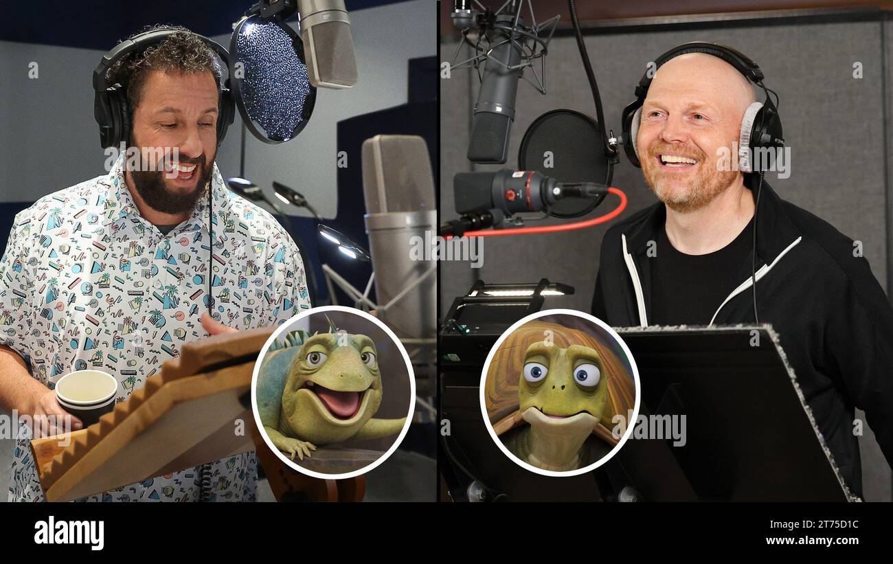 LEO, from left: Adam Sandler voice of Leo, Bill Burr, voice of Squirtle the Turtle, 2023 ...