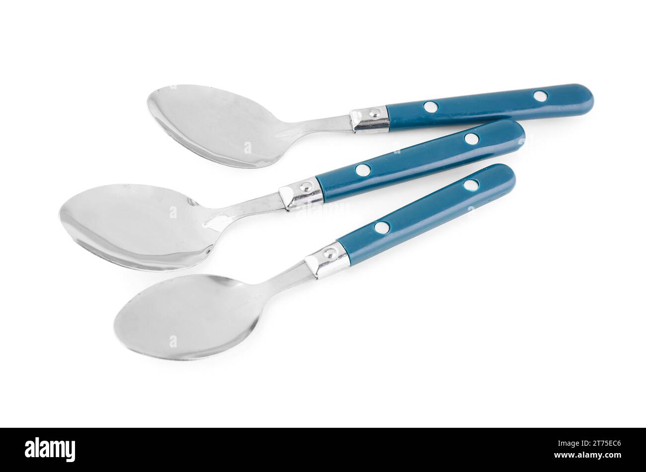 Stainless steel spoons with blue handles on white background Stock ...