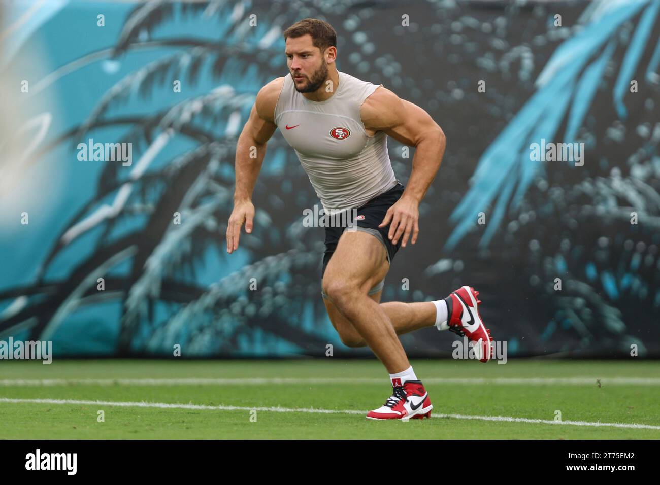 San Francisco 49ers defensive end Nick Bosa (97) warms up before an NFL ...