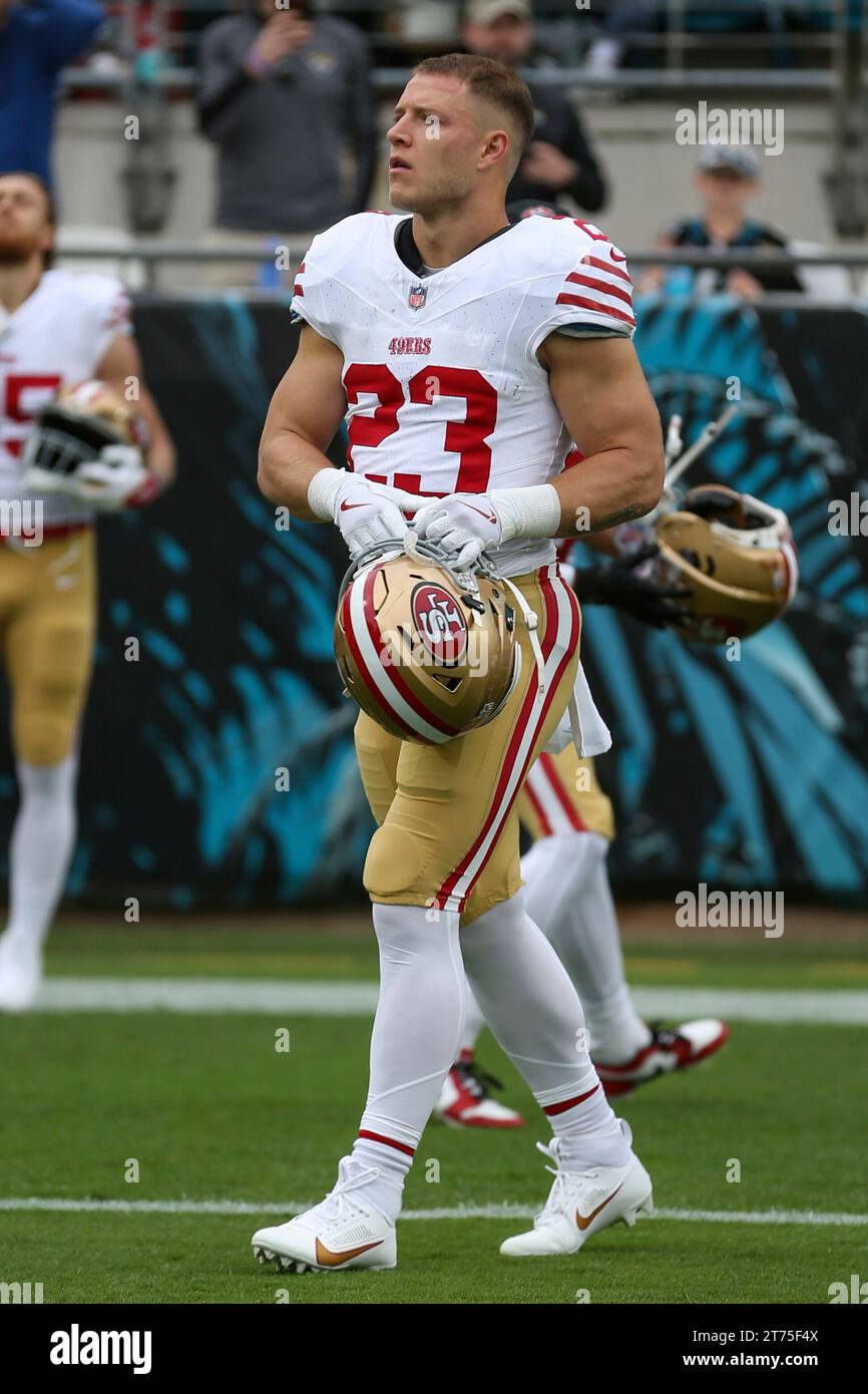 San Francisco 49ers running back Christian McCaffrey (23) walks to the ...