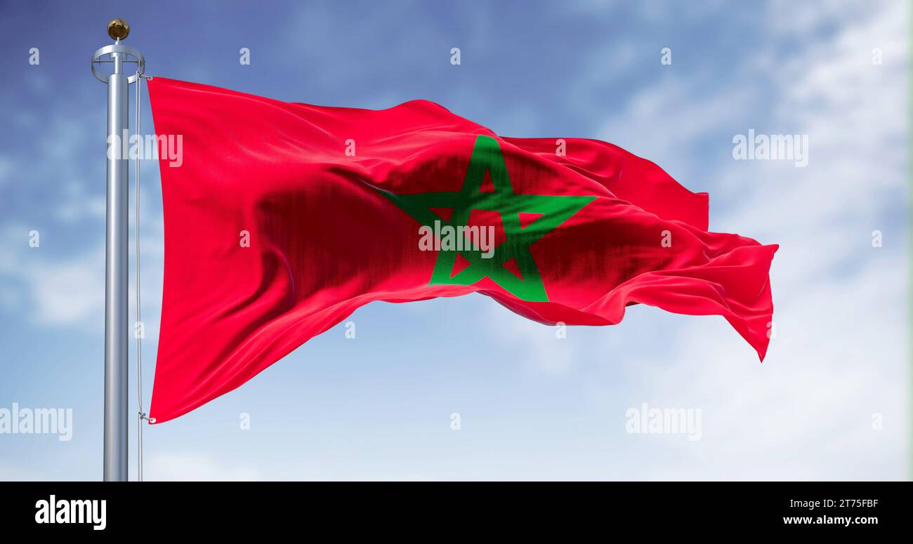 Close-up of Morocco national flag waving in the wind. Red flag with a ...