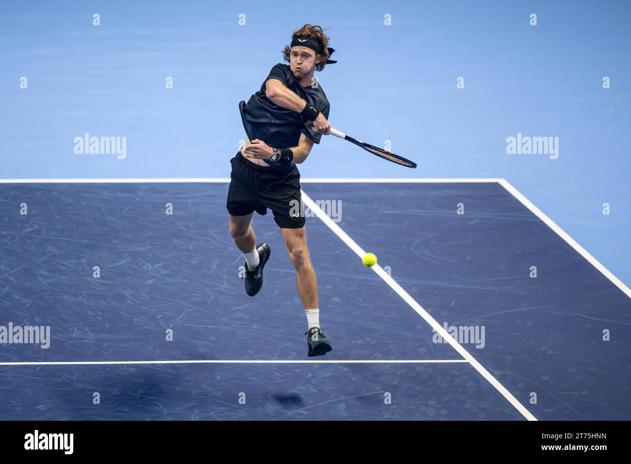 Turin, Italy. 14 November 2023. Andrey Rublev of Russia plays a forehand during the round robin ...