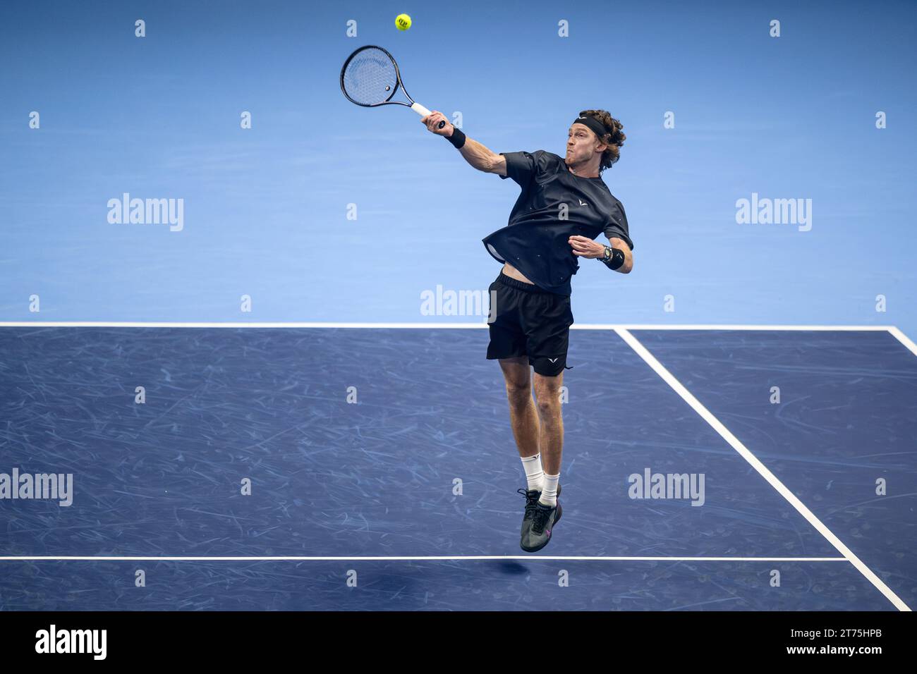 Turin, Italy. 14 November 2023. Andrey Rublev of Russia plays a forehand during the round robin ...
