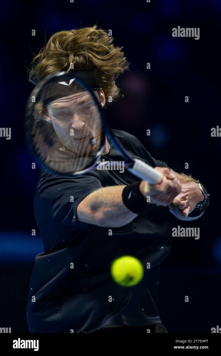 Turin, Italy. 14 November 2023. Andrey Rublev of Russia plays a forehand during the round robin ...