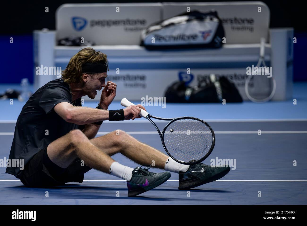 Turin, Italy. 14 November 2023. Andrey Rublev of Russia looks dejected during the round robin ...