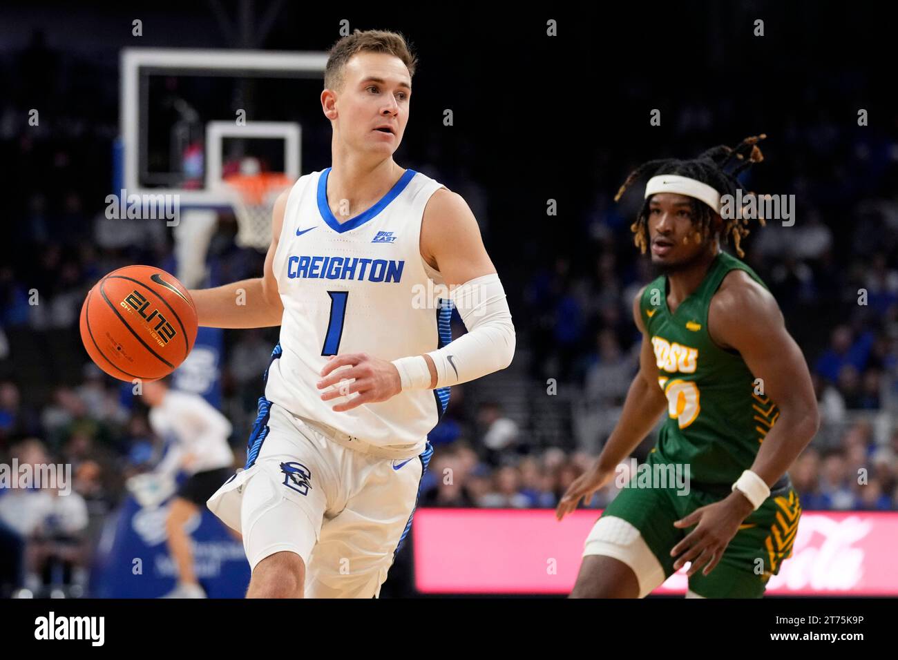 Creighton guard Steven Ashworth (1) drives past North Dakota State ...