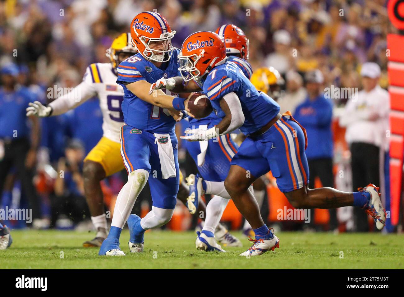 November 11, 2023: Florida quarterback Graham Mertz (15) hands the ball ...