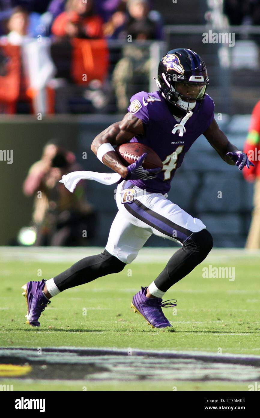 Baltimore Ravens wide receiver Zay Flowers (4) runs during an NFL ...