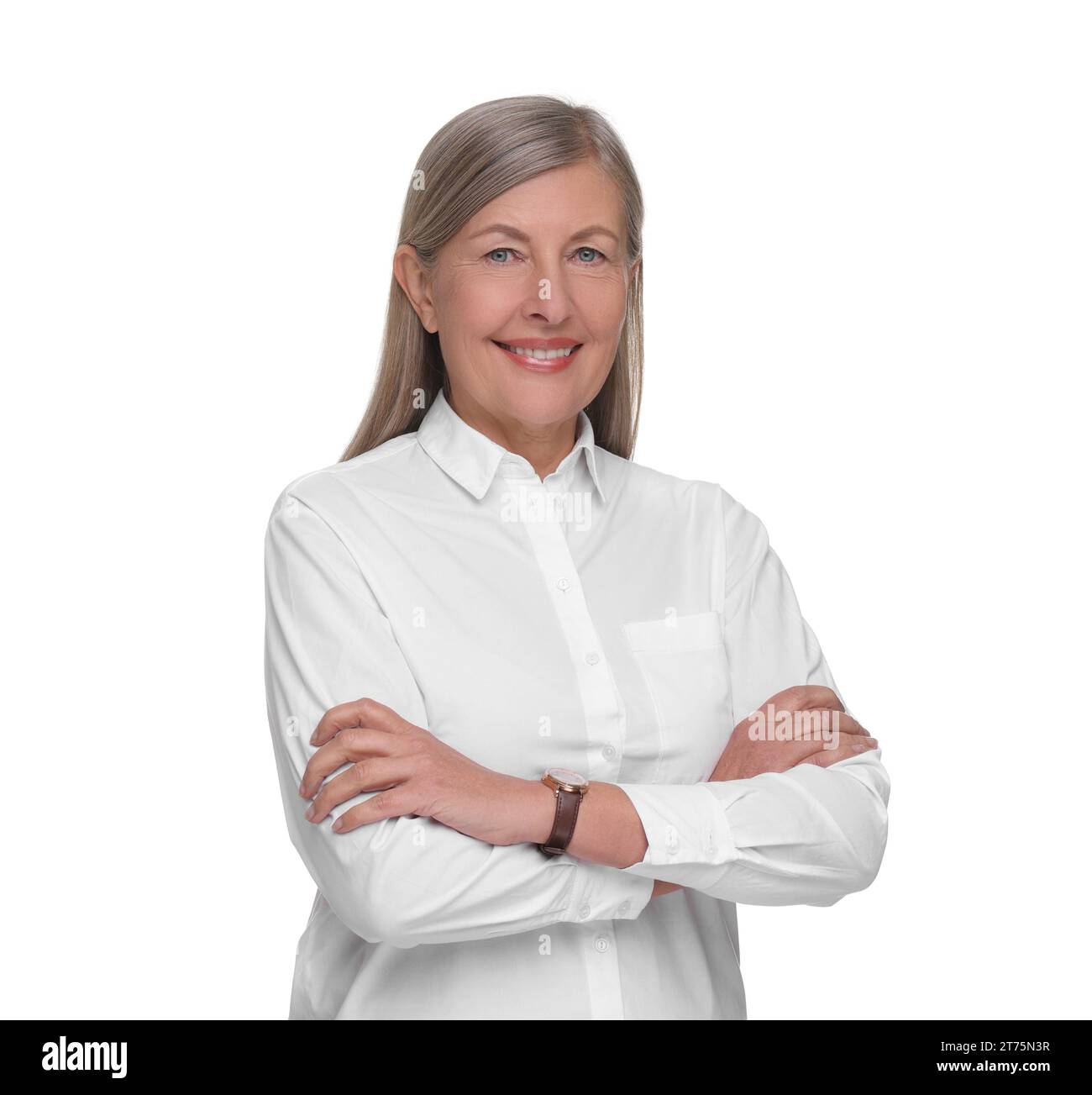 Portrait of smiling woman with crossed arms on white background. Lawyer ...