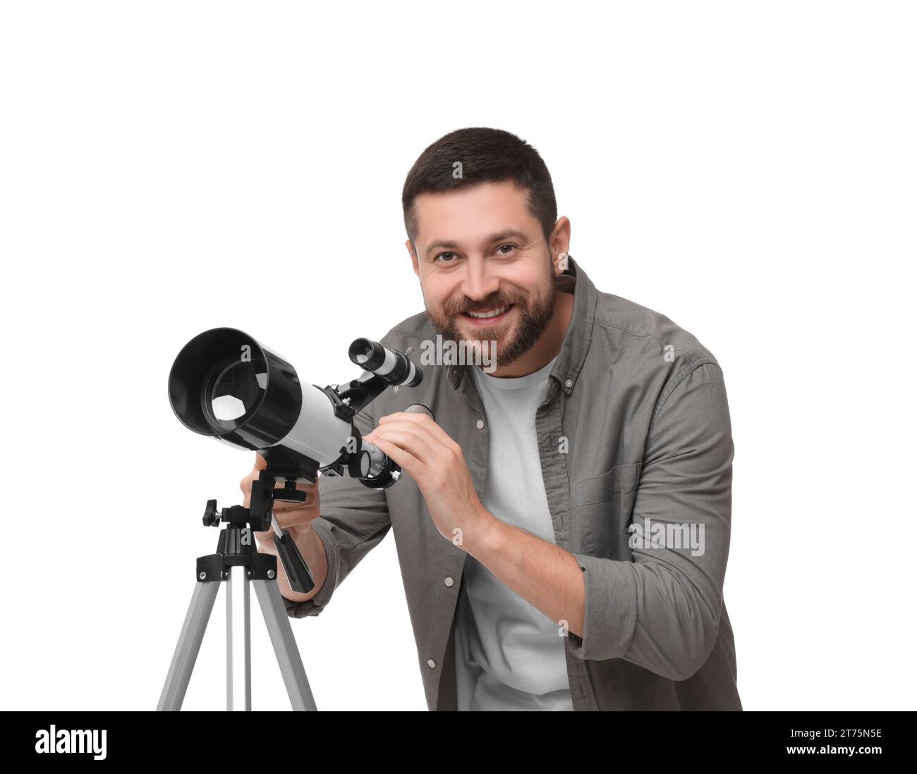 Happy astronomer with telescope on white background Stock Photo - Alamy