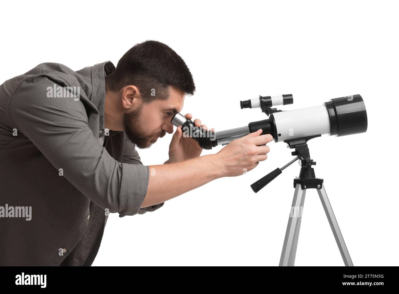 Astronomer looking at stars through telescope on white background Stock ...