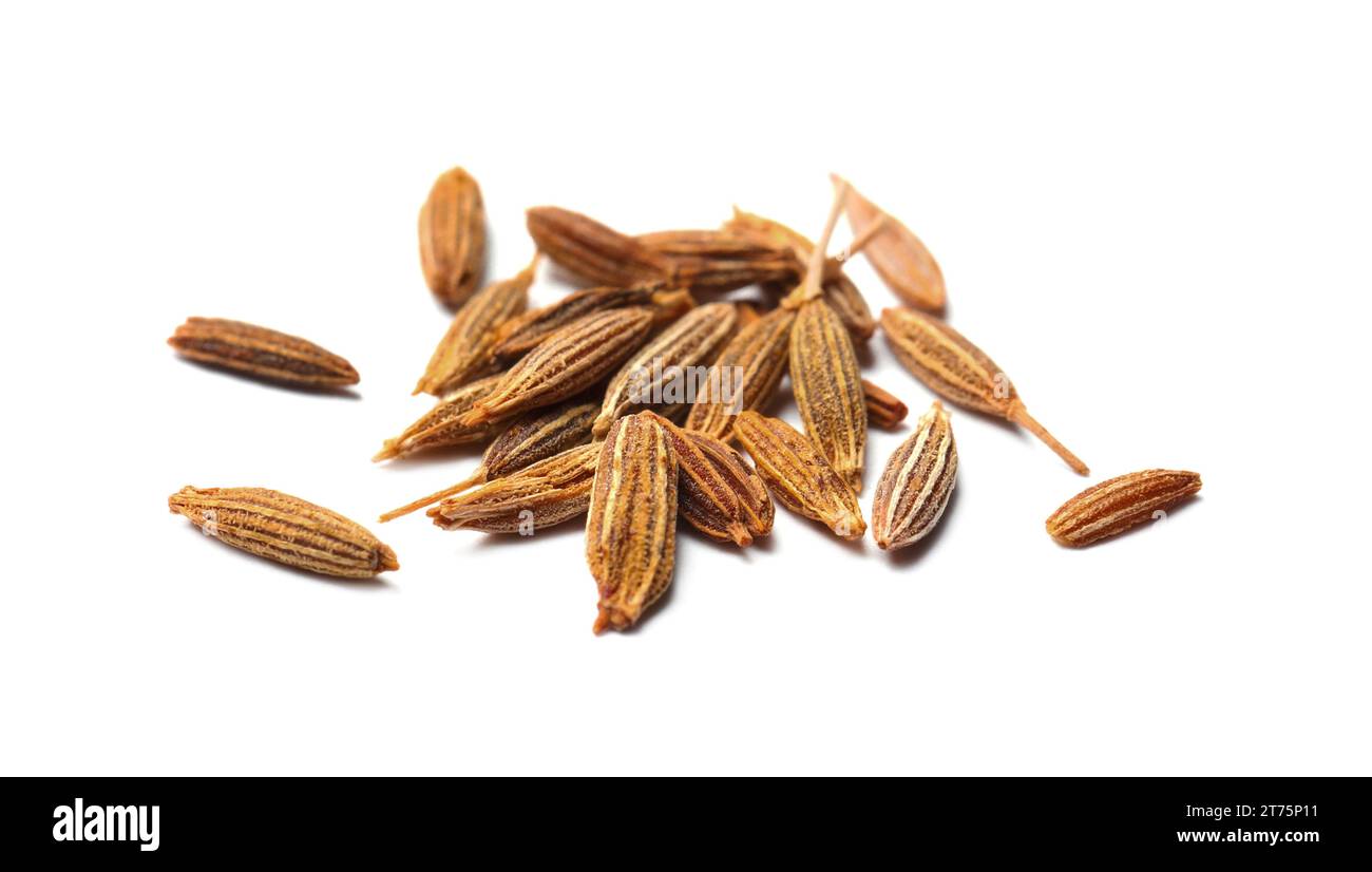 Heap of aromatic caraway (Persian cumin) seeds isolated on white Stock ...