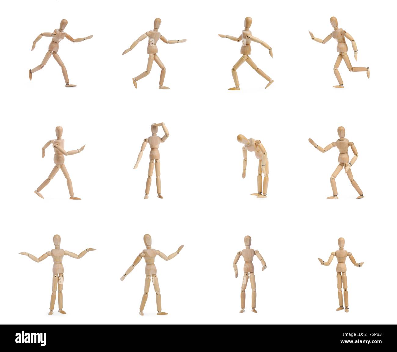 Wooden puppet on white background, collection of different poses Stock ...