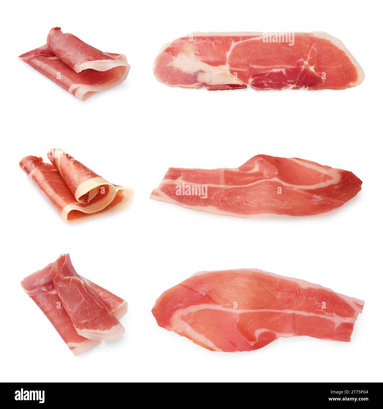 Delicious sliced jamon isolated on white, set Stock Photo - Alamy