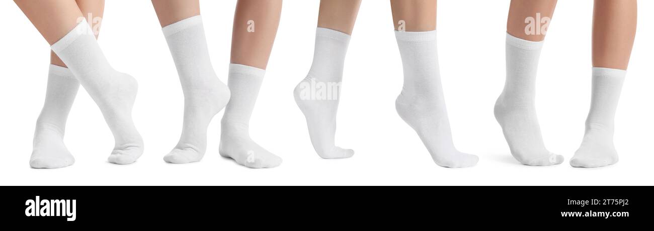 Women in stylish socks on white background, collection of photos Stock ...