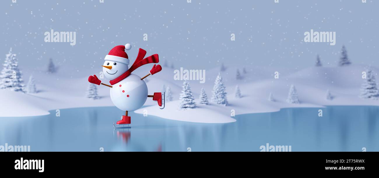 Snowman with ice skates on frozen lake in winter landscape 3d render 3d ...