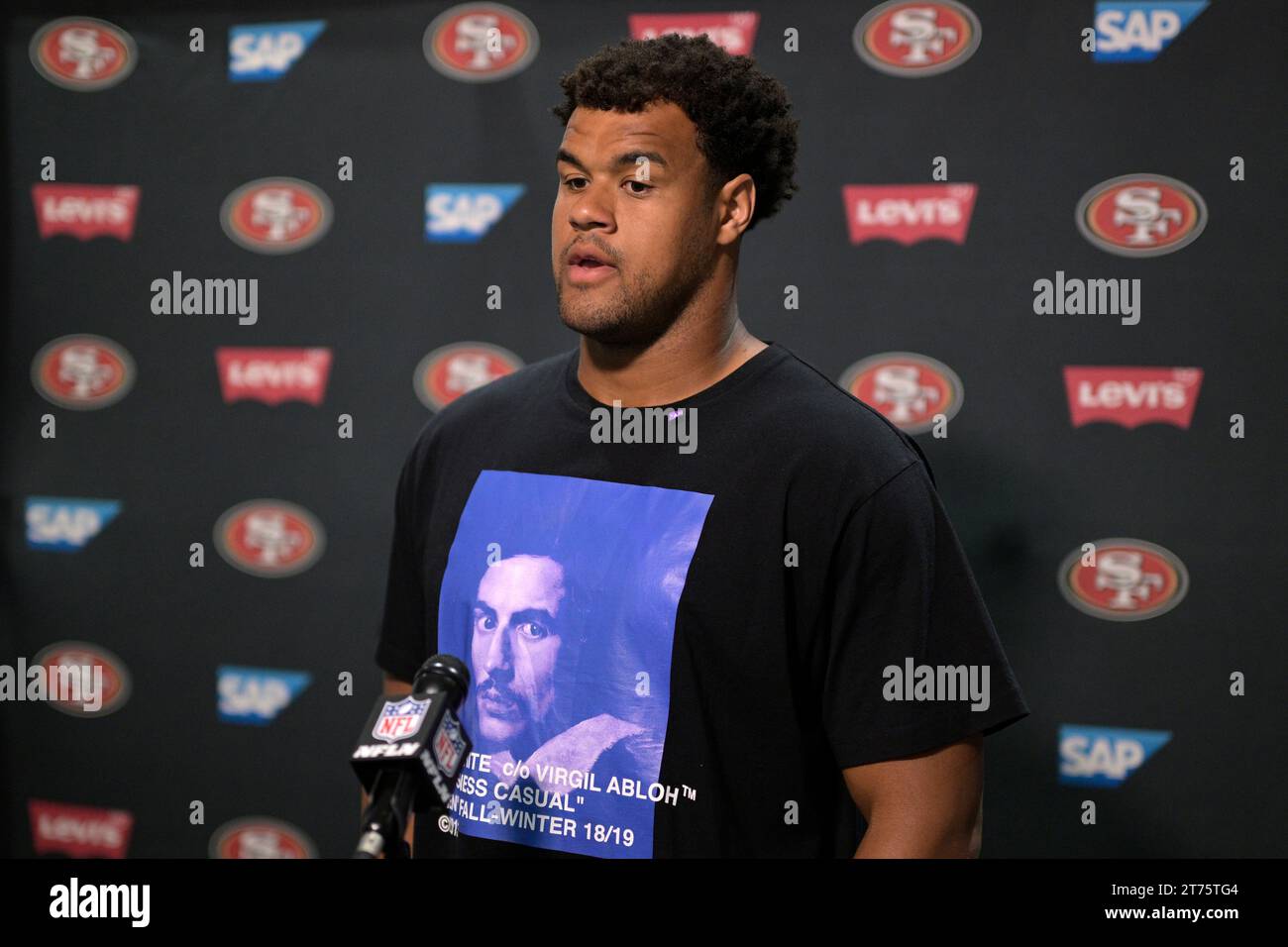 San Francisco 49ers defensive end Arik Armstead answers questions from ...