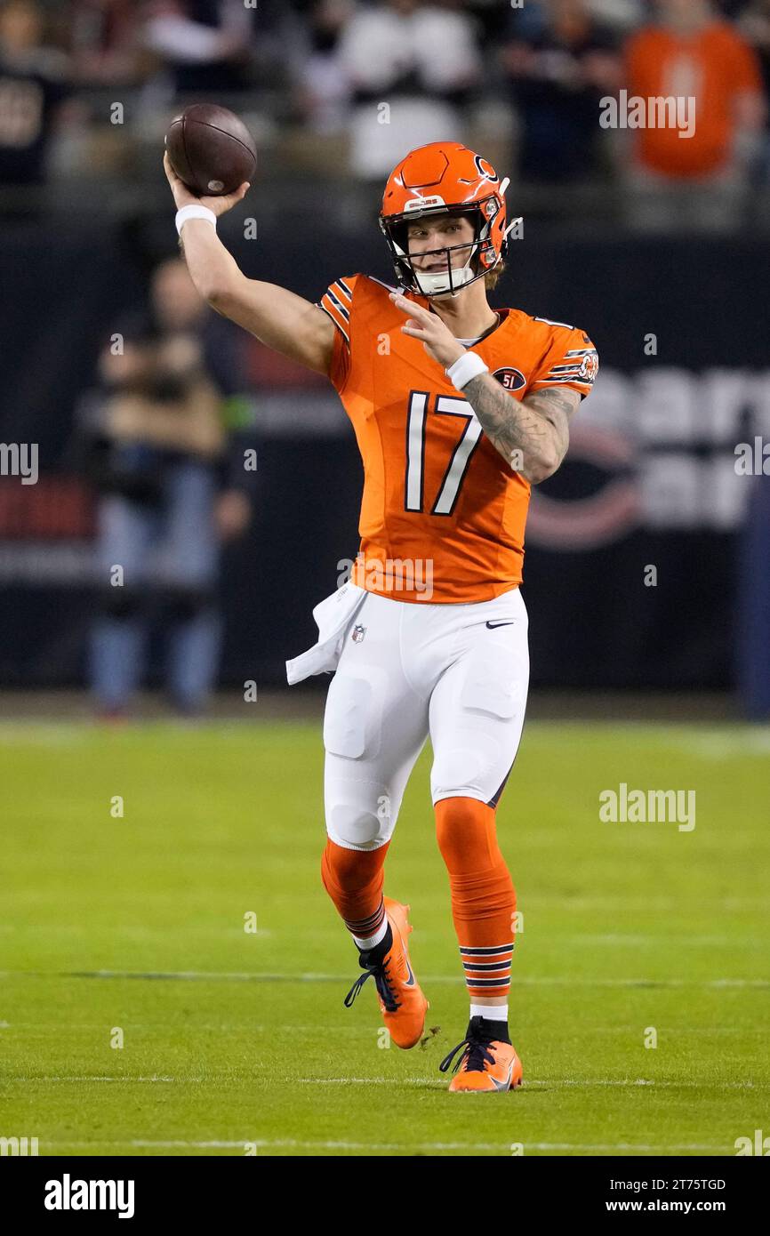Chicago Bears quarterback Tyson Bagent warms up before an NFL football ...