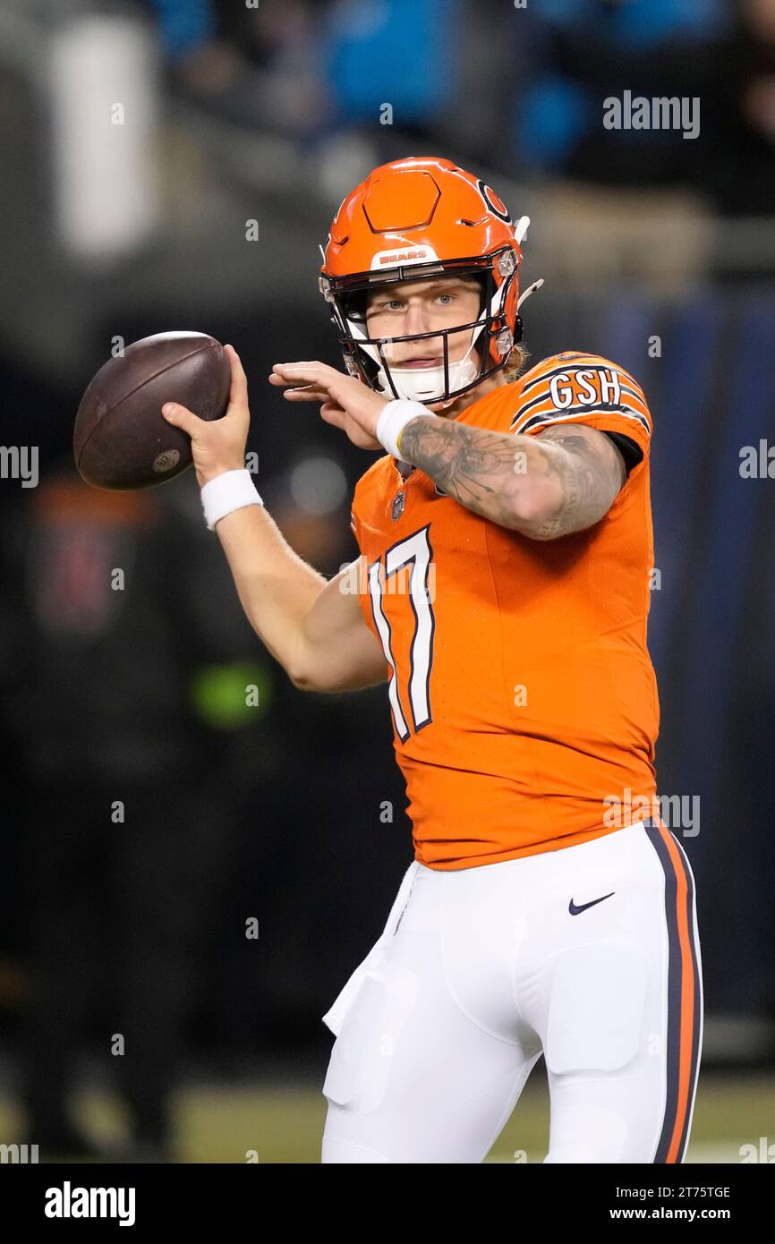 Chicago Bears quarterback Tyson Bagent warms up before an NFL football ...