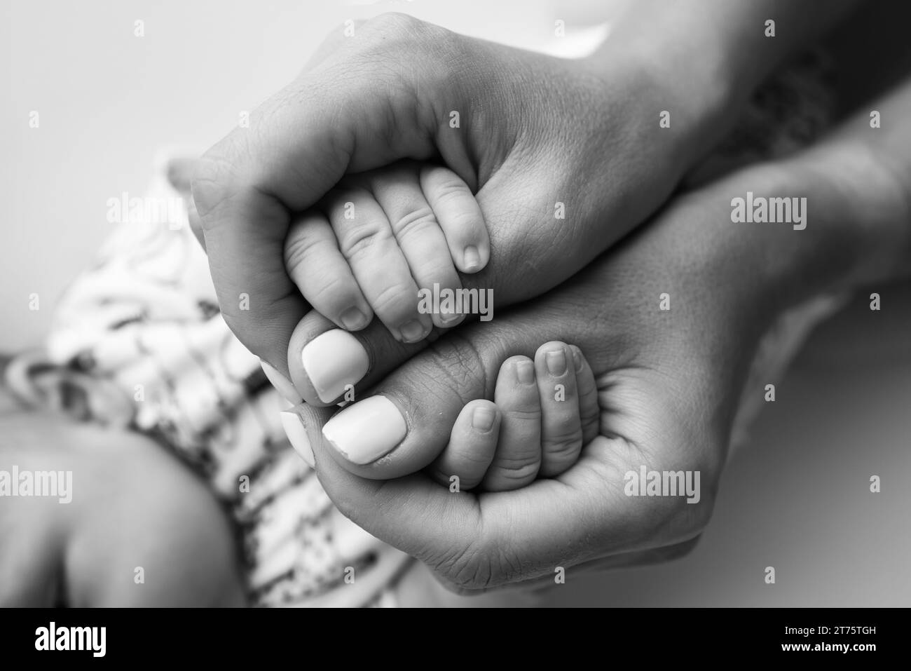 Parents' hands hold the fingers of newborn baby The hand of a mother ...