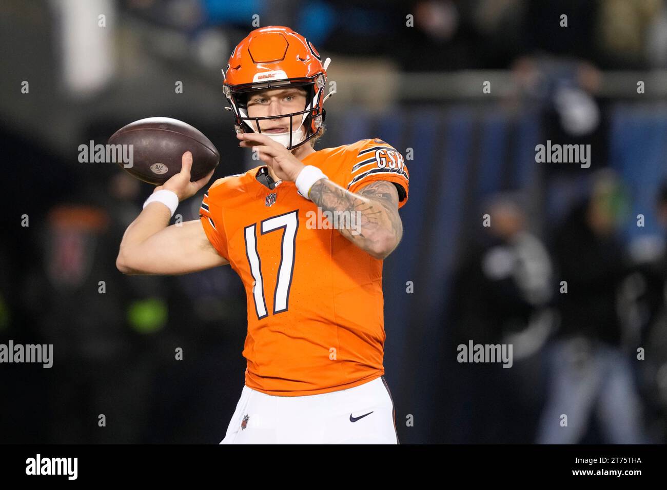 Chicago Bears quarterback Tyson Bagent warms up before an NFL football ...