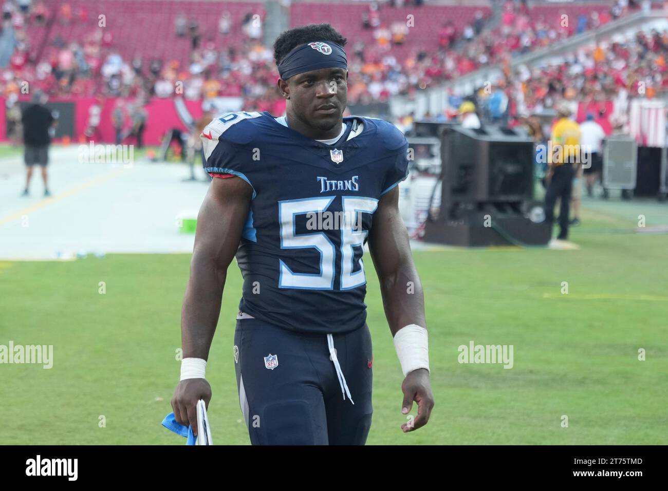 Tennessee Titans linebacker Monty Rice (56) leaves the field following ...