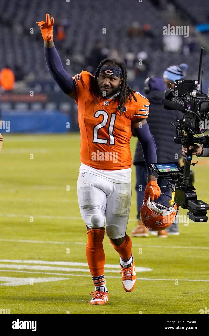 Chicago Bears running back D'Onta Foreman celebrates the team's win ...