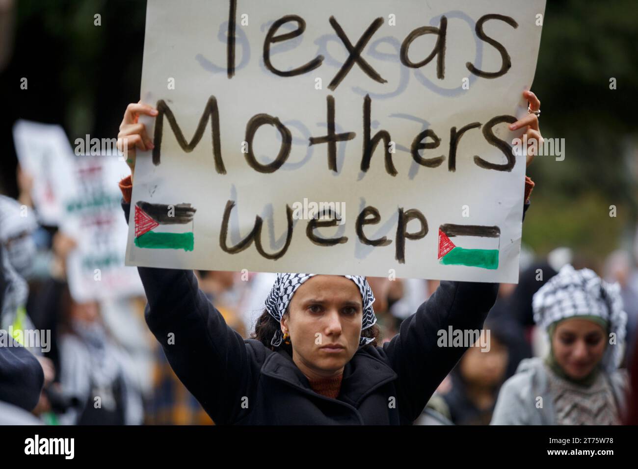 Austin, Texas, USA. 13th Nov, 2023. A woman holds a sign in support of ...
