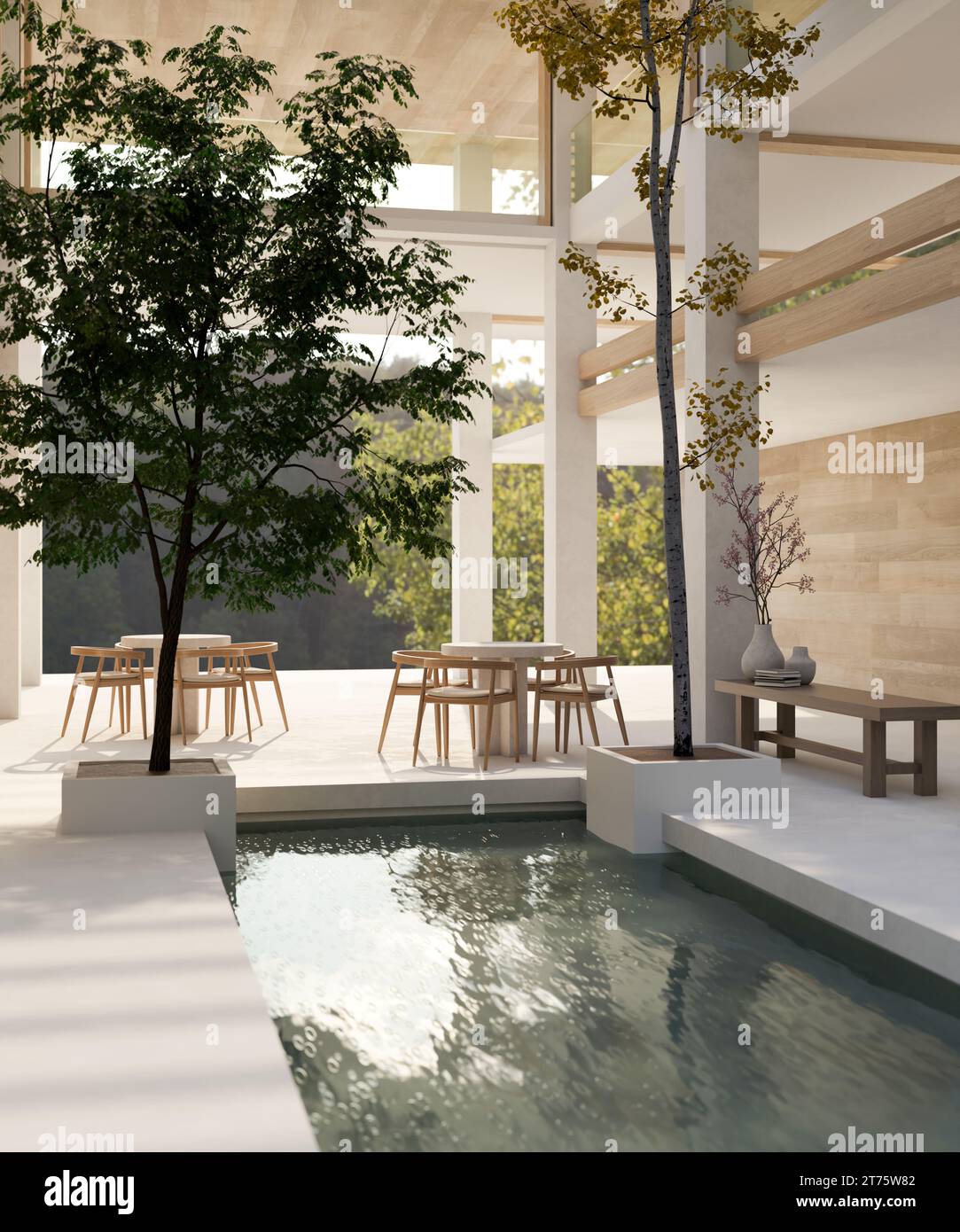 Interior design of a luxurious, spacious hotel indoor lounge or lobby ...