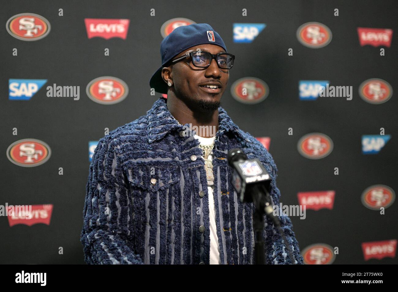 San Francisco 49ers wide receiver Deebo Samuel answers questions from ...