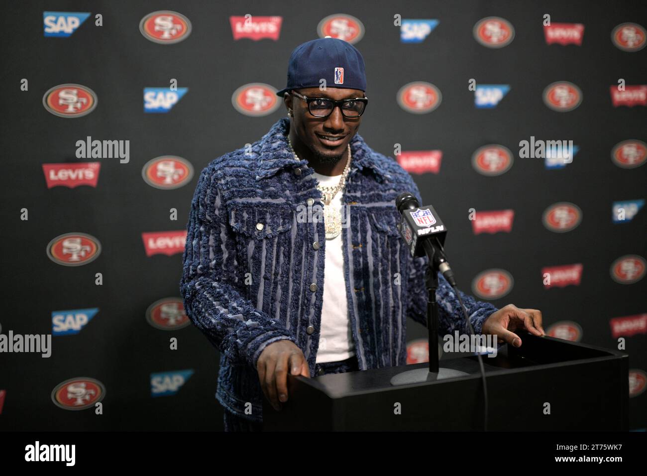 San Francisco 49ers wide receiver Deebo Samuel answers questions from ...