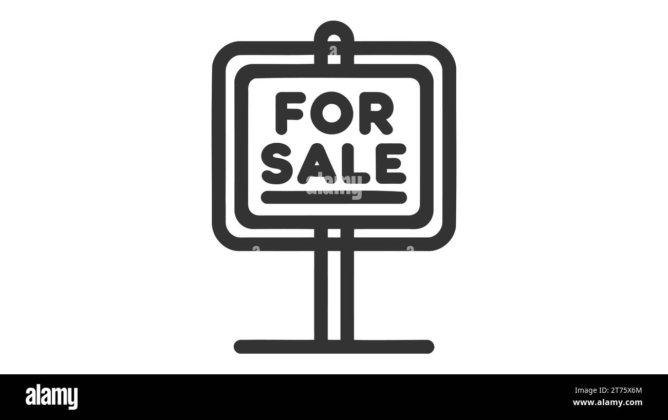 Monochrome vector illustration of a 'For Sale' sign, depicted in a bold ...