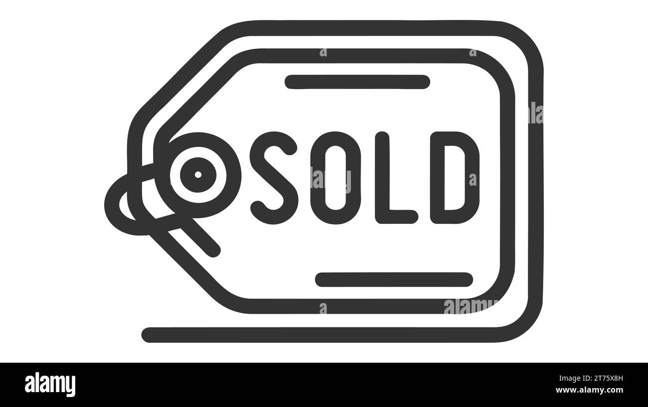 Black vector graphic icon of a sold tag with bold lettering, featuring ...