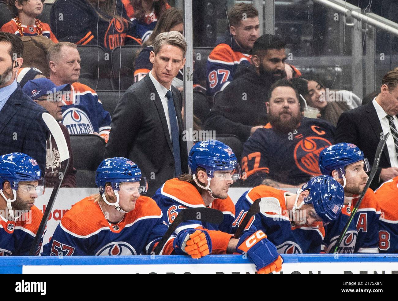 Edmonton Oilers new coach Kris Knoblauch looks on during first period ...