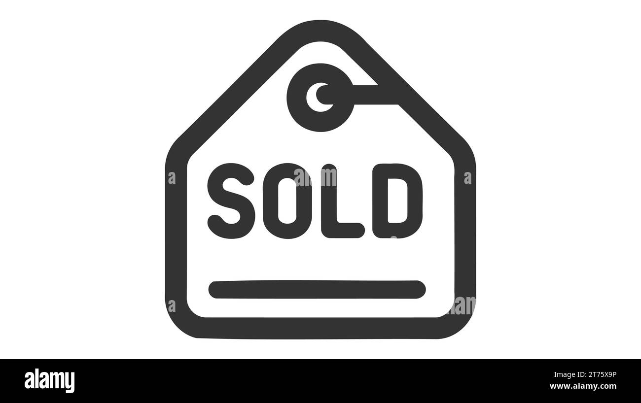 Black vector graphic icon of a sold tag with bold lettering, featuring ...