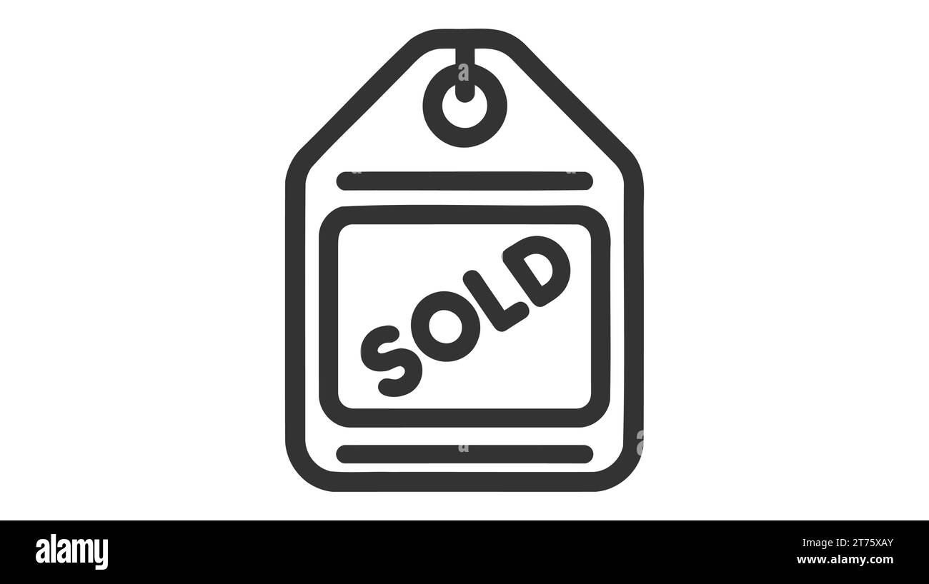 Black vector graphic icon of a sold tag with bold lettering, featuring ...