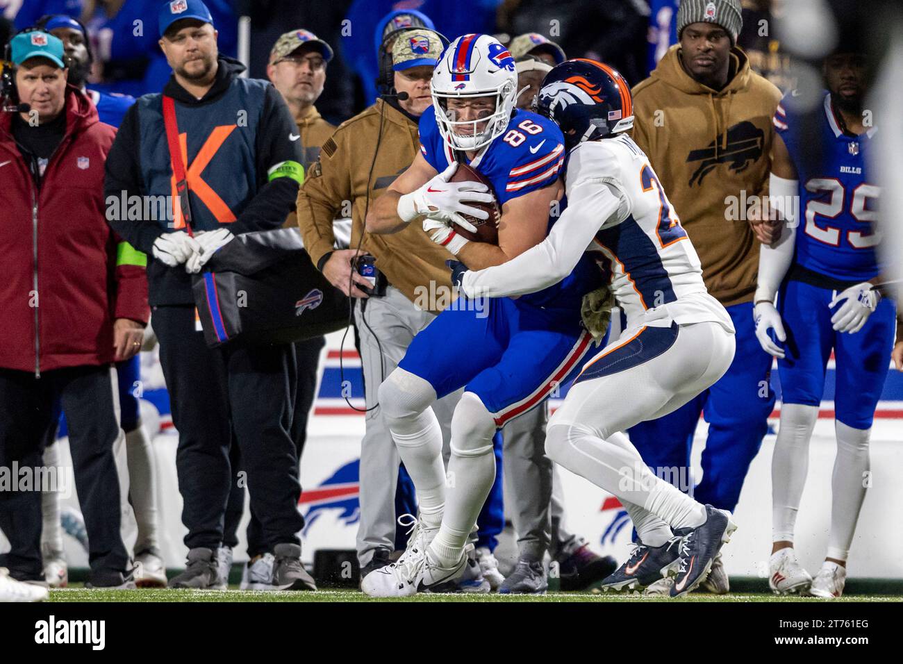 Buffalo Bills tight end Dalton Kincaid (86) is tackled by Denver ...