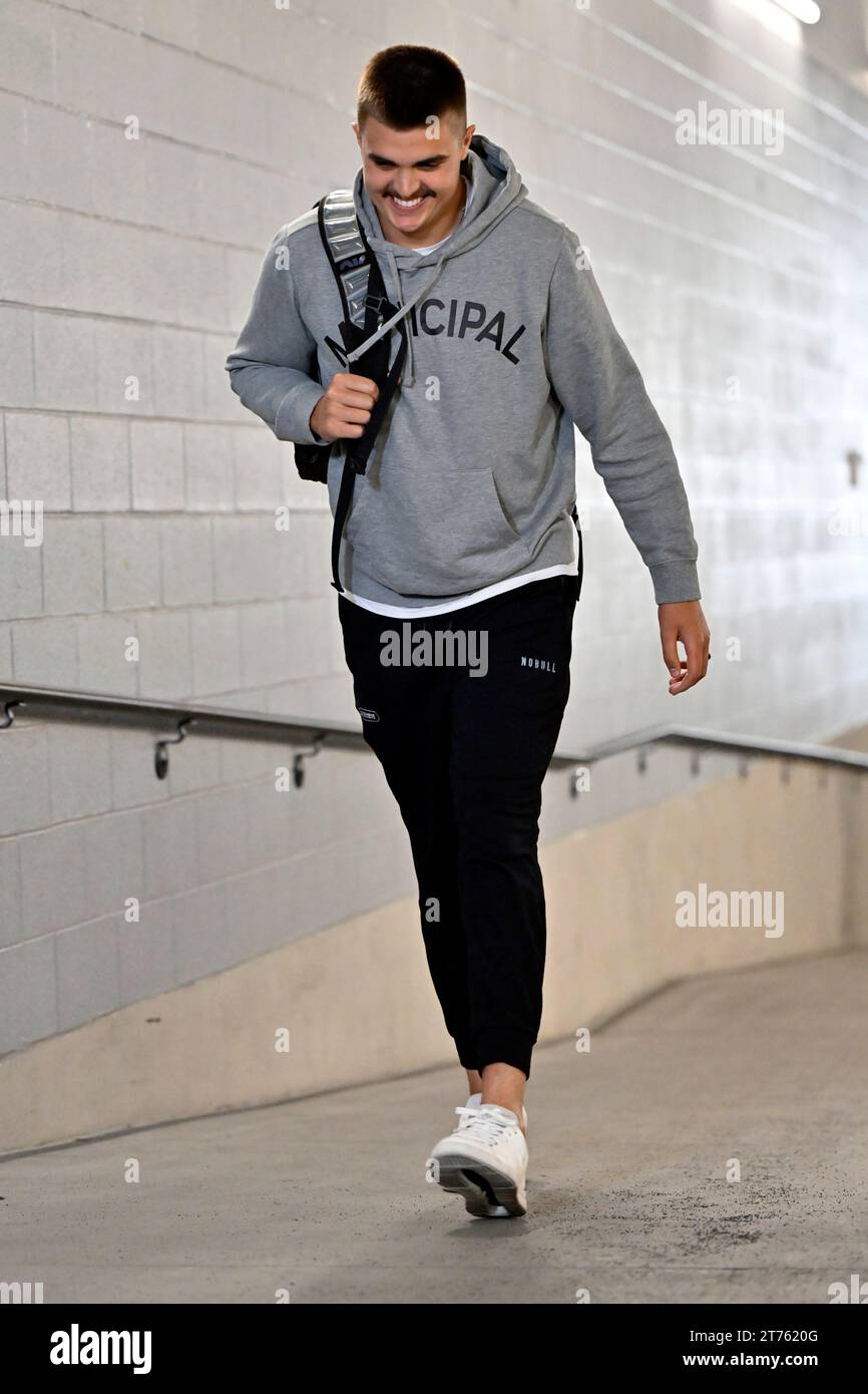 Las Vegas Raiders quarterback Aidan O'Connell arrives before the start ...