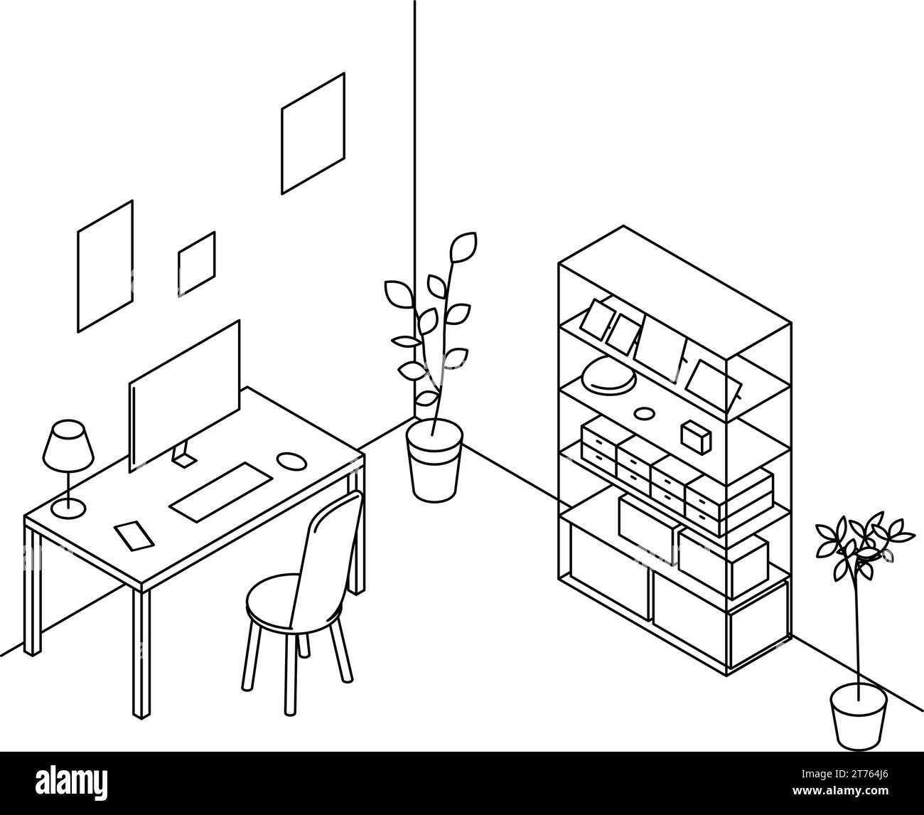Room for rent: simple isometric of study, work desk and bookshelf ...