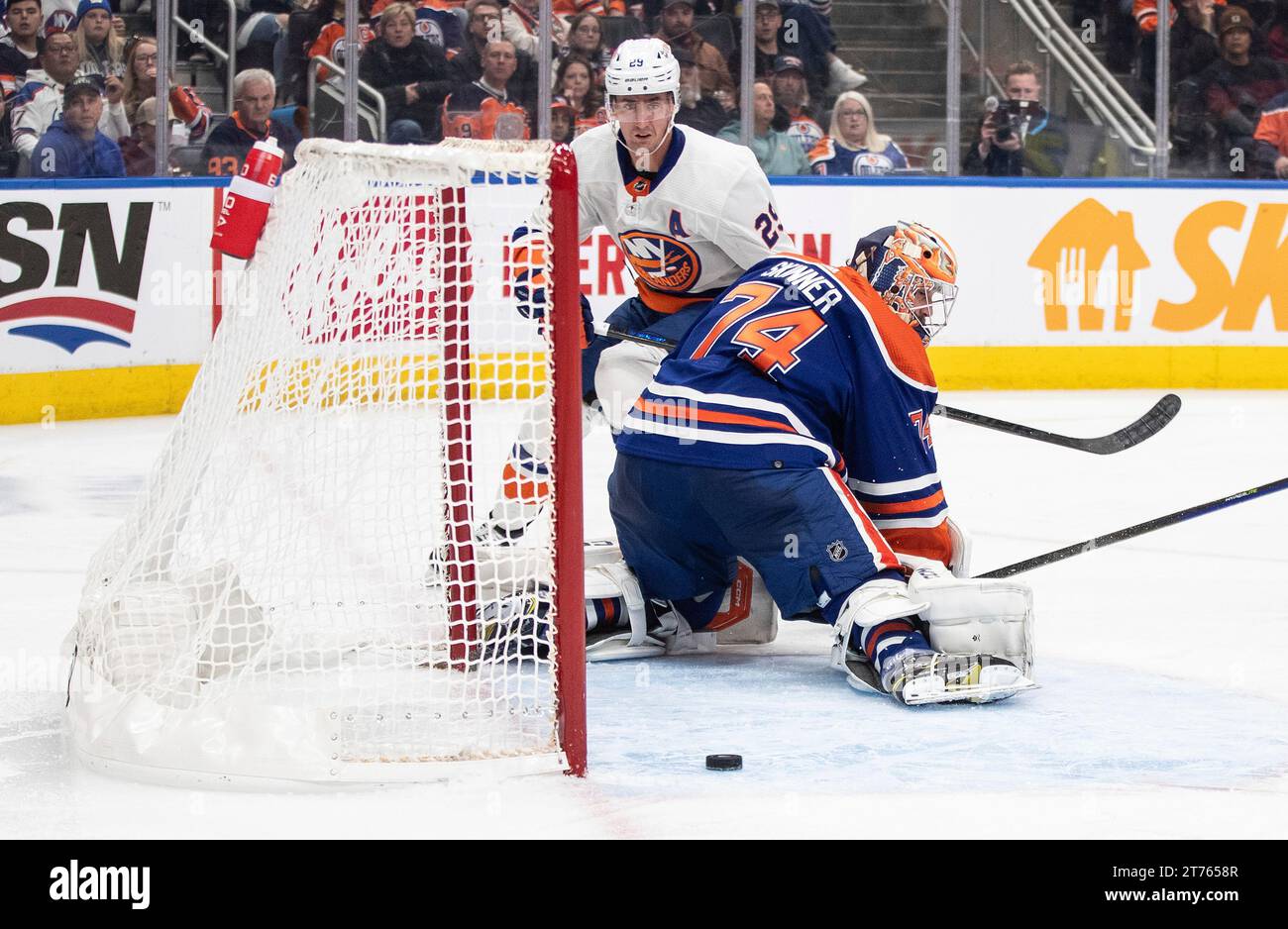 New York Islanders' Brock Nelson (29) is stopped by Edmonton Oilers ...