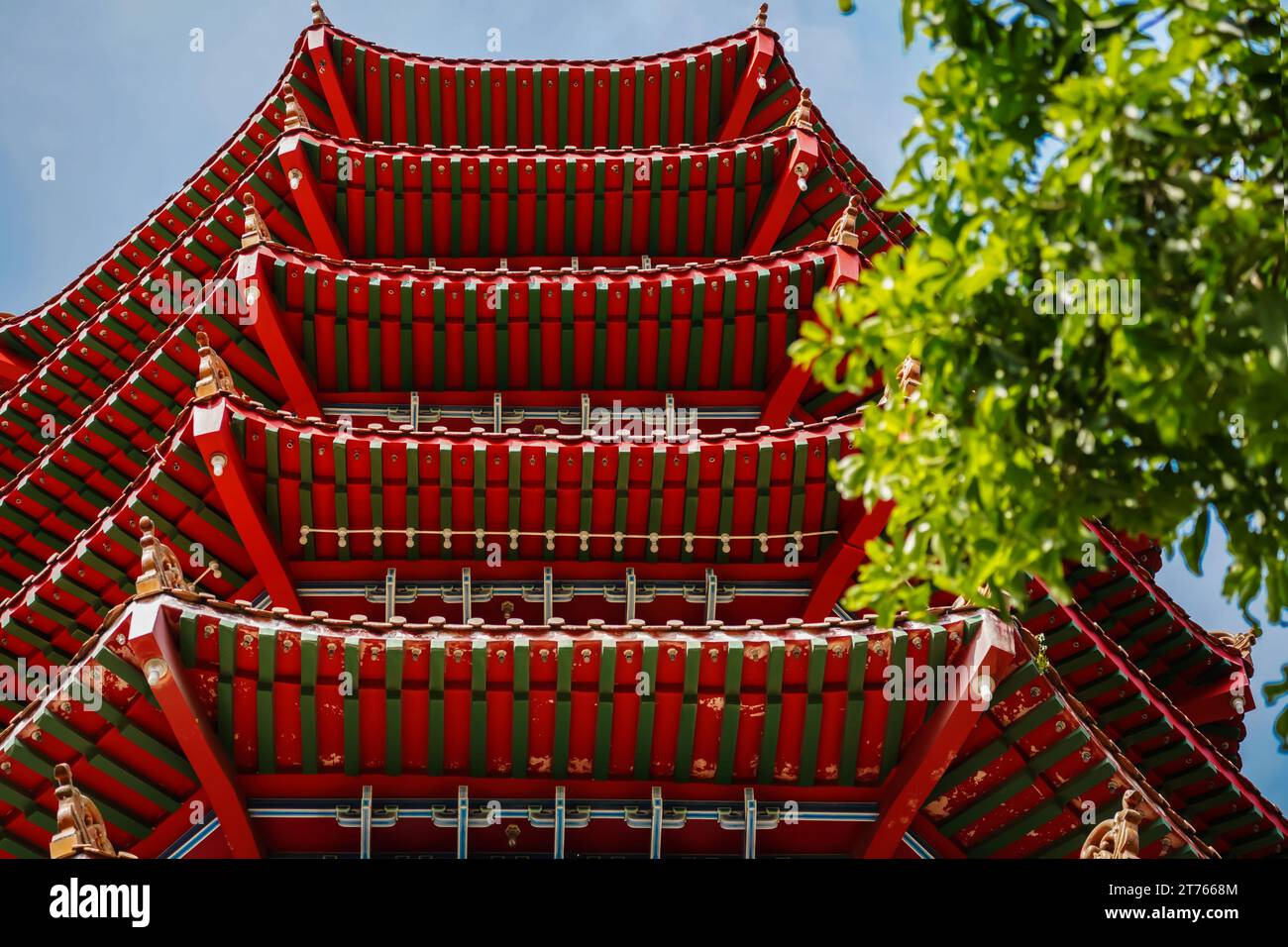 Traditional Chinese Pagoda Roof with Green Tree. Ling San temple in ...