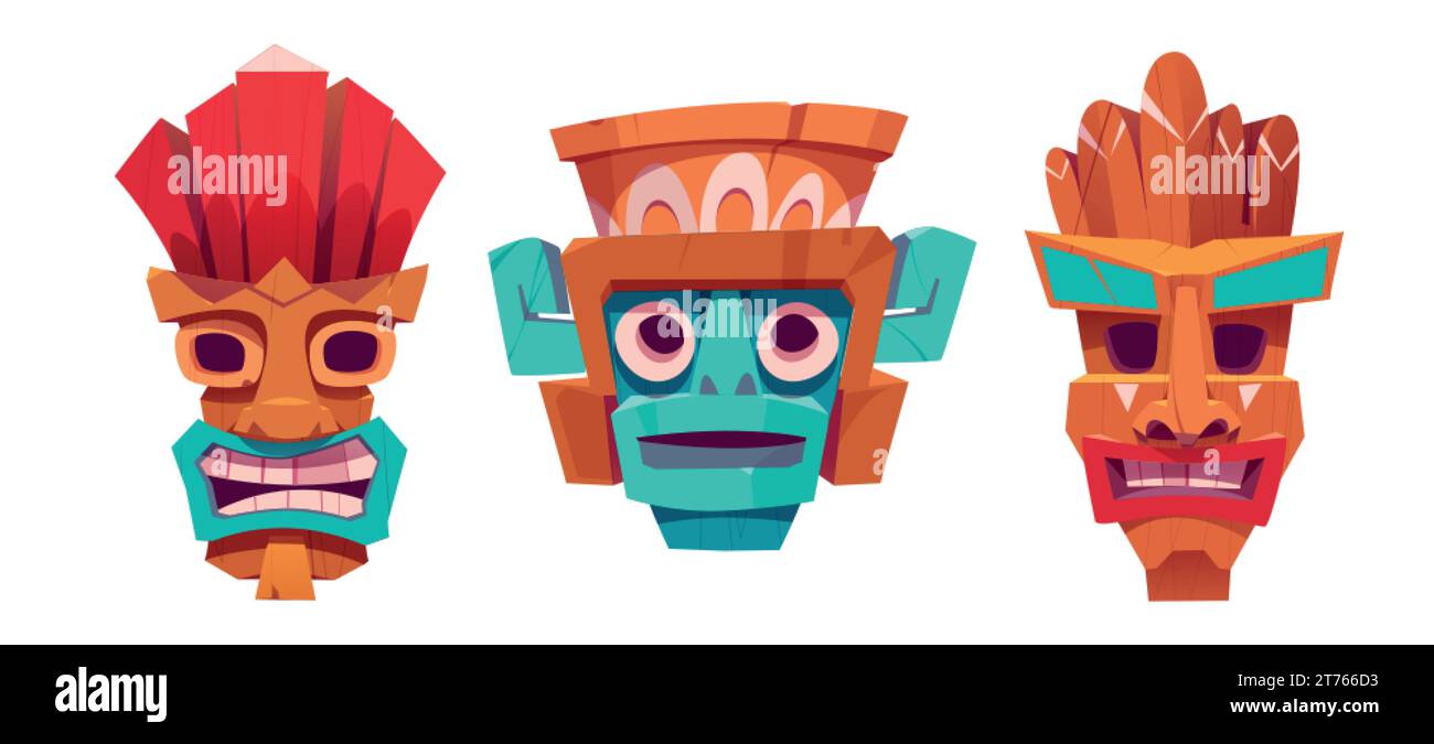 Totem tiki mask hawaiian tribal cartoon vector. African face icon with ...