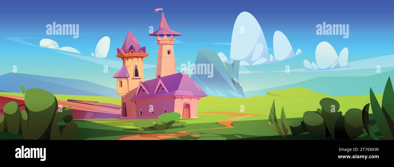 Fairytale pink castle on green summer landscape. Vector cartoon ...