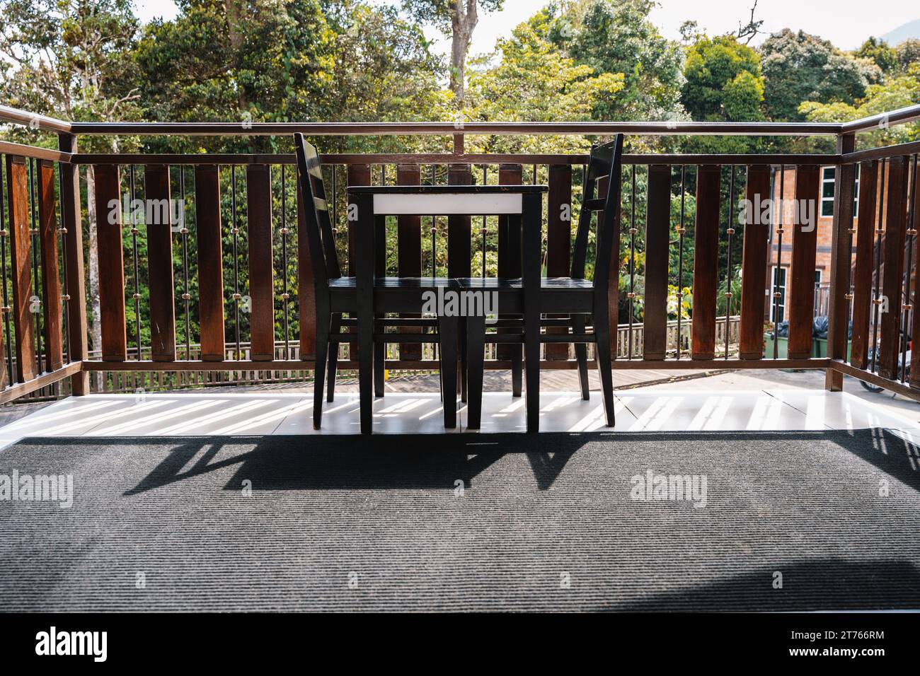Green Nature View from a Wooden Deck with Outdoor Dining Set Stock ...
