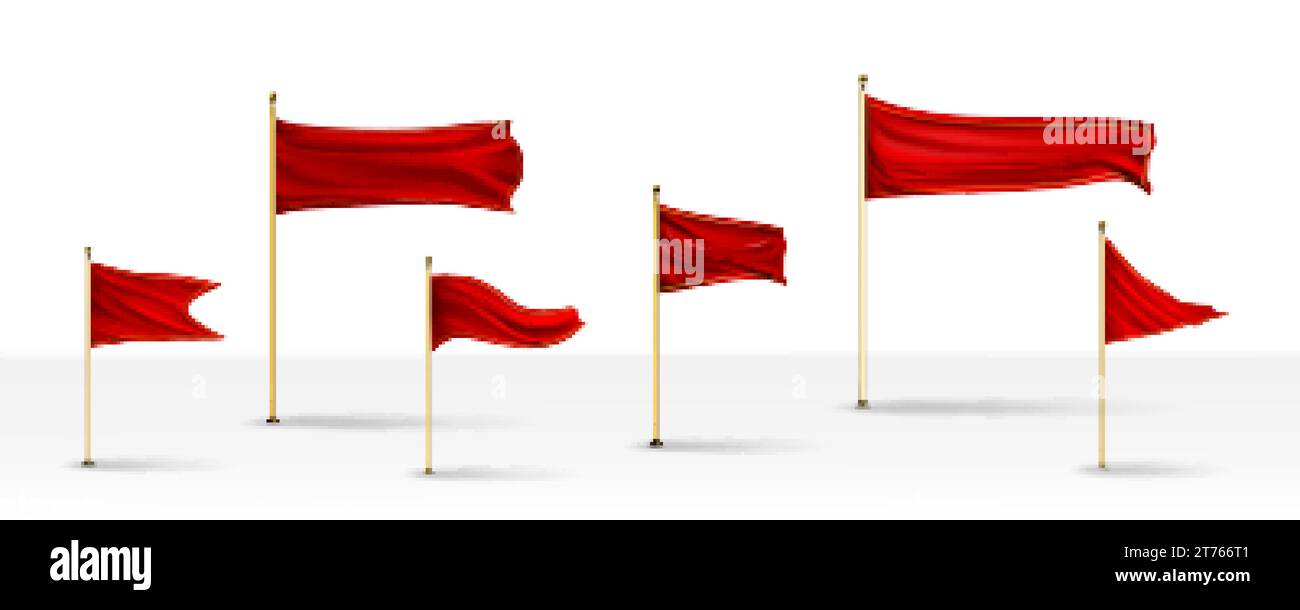 Set of red silk flags on golden poles isolated on white background ...