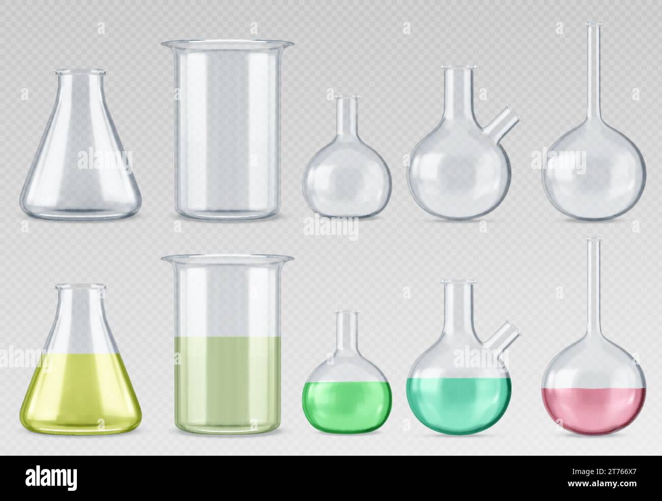 Empty and full lab glassware set isolated on transparent background. Vector realistic ...
