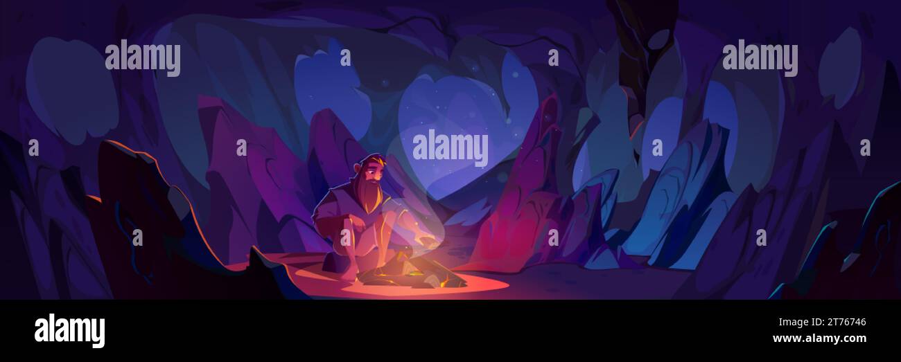 Man sitting near bonfire in dark cave alone. Vector cartoon ...