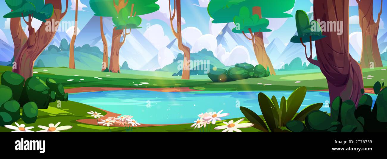 Beautiful spring forest with blue lake and mountain background. Vector ...
