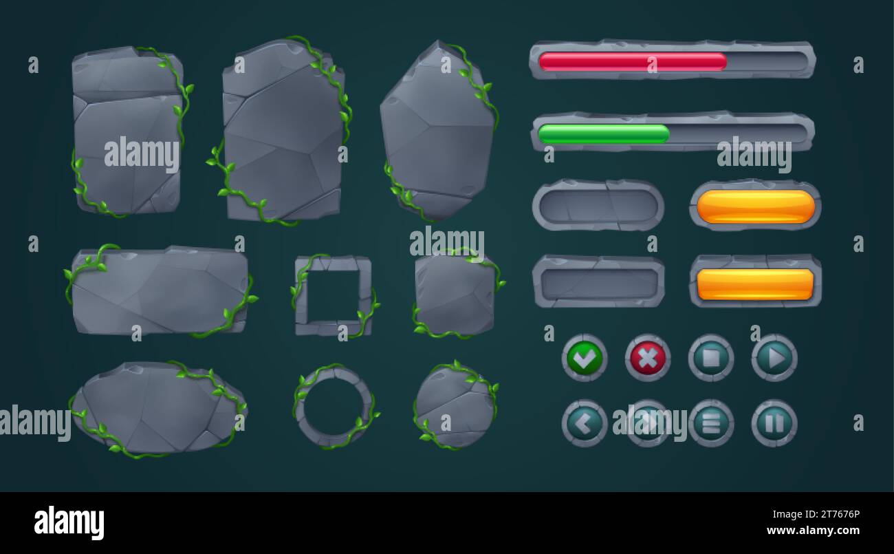 Stone game menu elements - cartoon rock gui boards and buttons with liana vines. Cartoon vector ...
